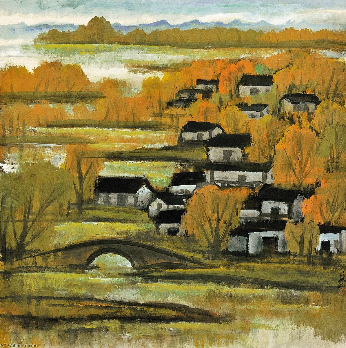 Get Art Reproductions AUTUMN LAKESIDE SCENERY by Lin Fengmian Flying ...