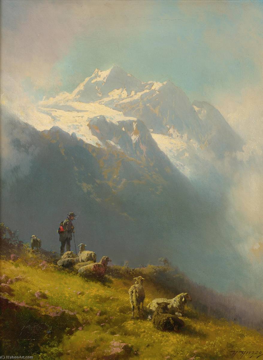 Oil Painting Replica A Shepherd with his Flock by Hermann Herzog (1832 ...