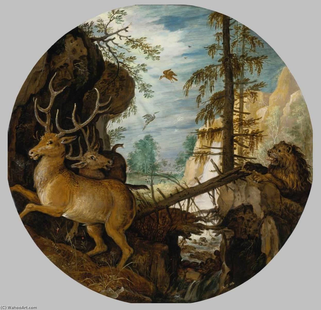 Art Reproductions A Lion Hunting Two Deer, 1620 by Roelant Savery (1576 ...
