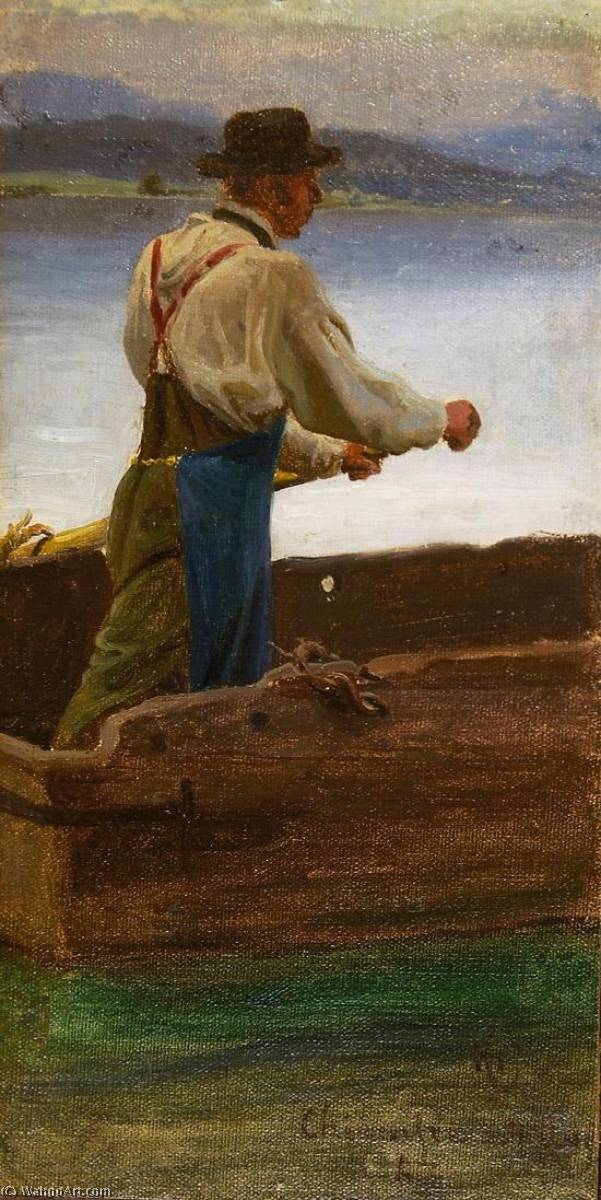 Oil Painting Replica Man in a Rowboat, 1867 by Hans Fredrik Gude (1825 ...