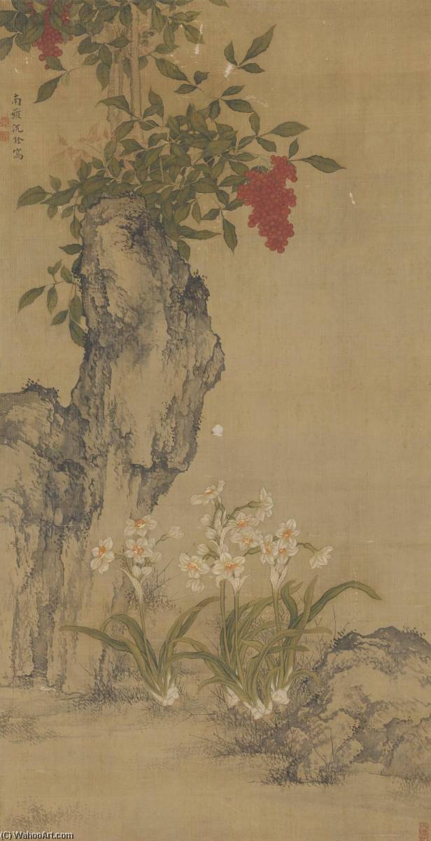 Paintings Reproductions NARCISSUS AND ROCK by Shen Quan (1682-1760 ...