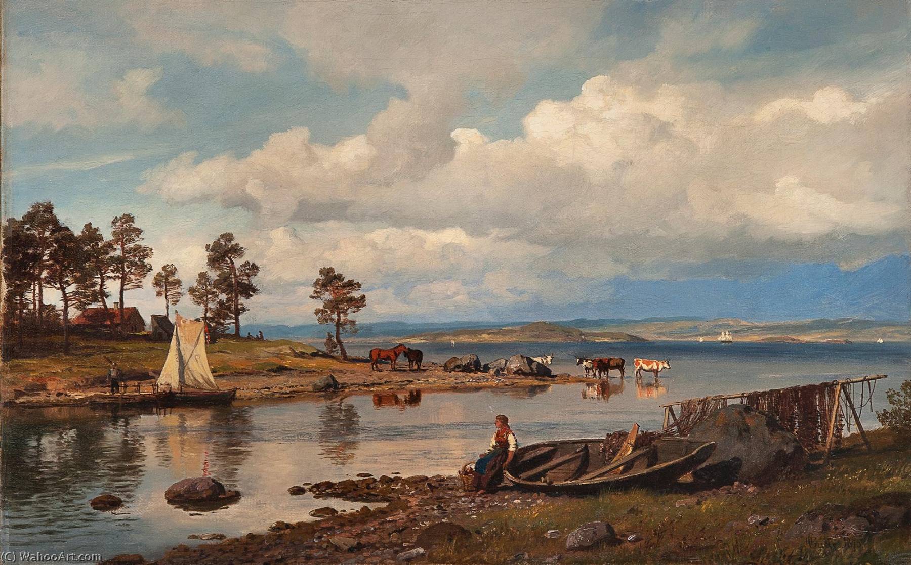 Get Art Reproductions Fjord landscape with people, 1875 by Hans Fredrik ...