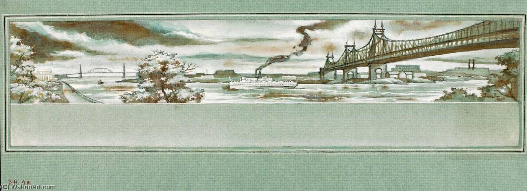 Oil Painting Replica Williamsburg Bridge River Scene, 1956 by Edward ...