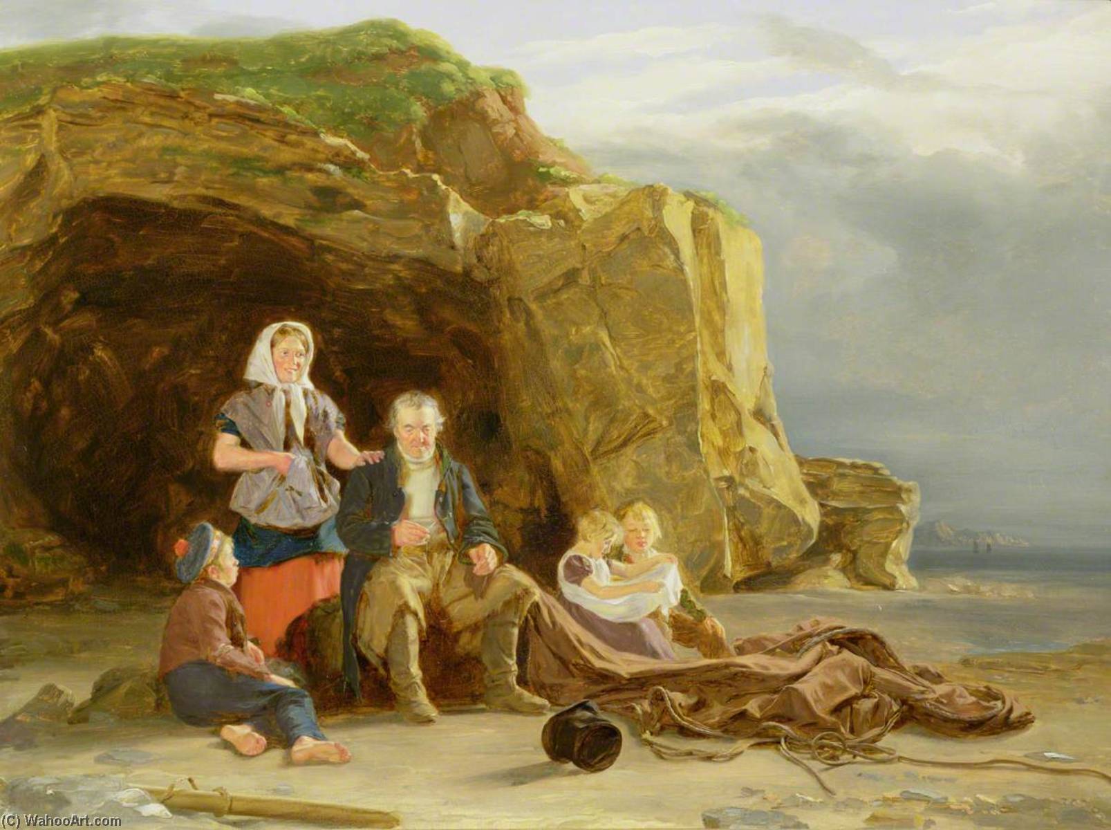 Purchase Oil Painting Replica Coastal Scene with Figures Mending Nets ...