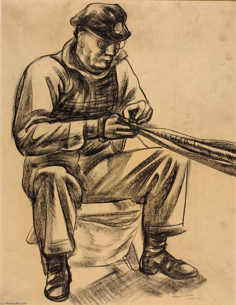 Get Art Reproductions Ship Rigger Sewing Canvas Cover on Wire Rope Sail ...