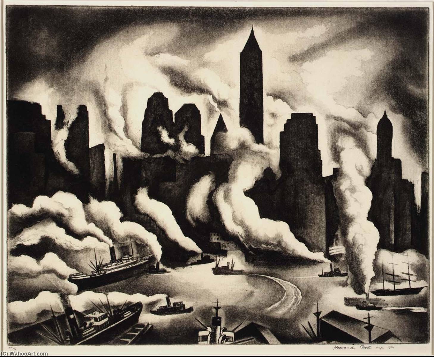 Oil Painting Replica Harbor Skyline, 1930 by Howard Cook (Inspired By ...