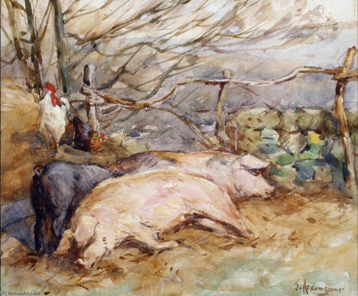 Buy Museum Art Reproductions Farmyard Scene with Pigs and Chickens by ...