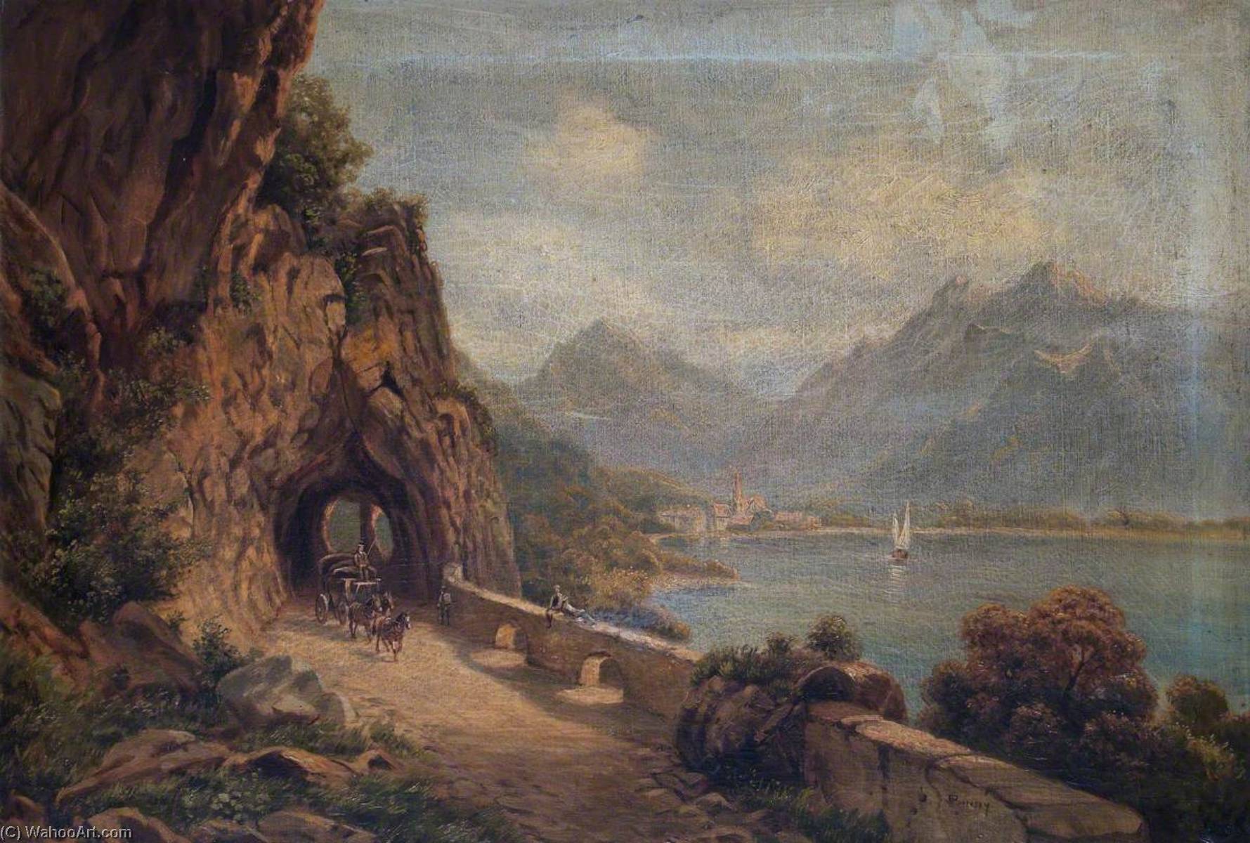 Get Paintings Reproductions Alpine Lakeside View, with a Three Horse ...