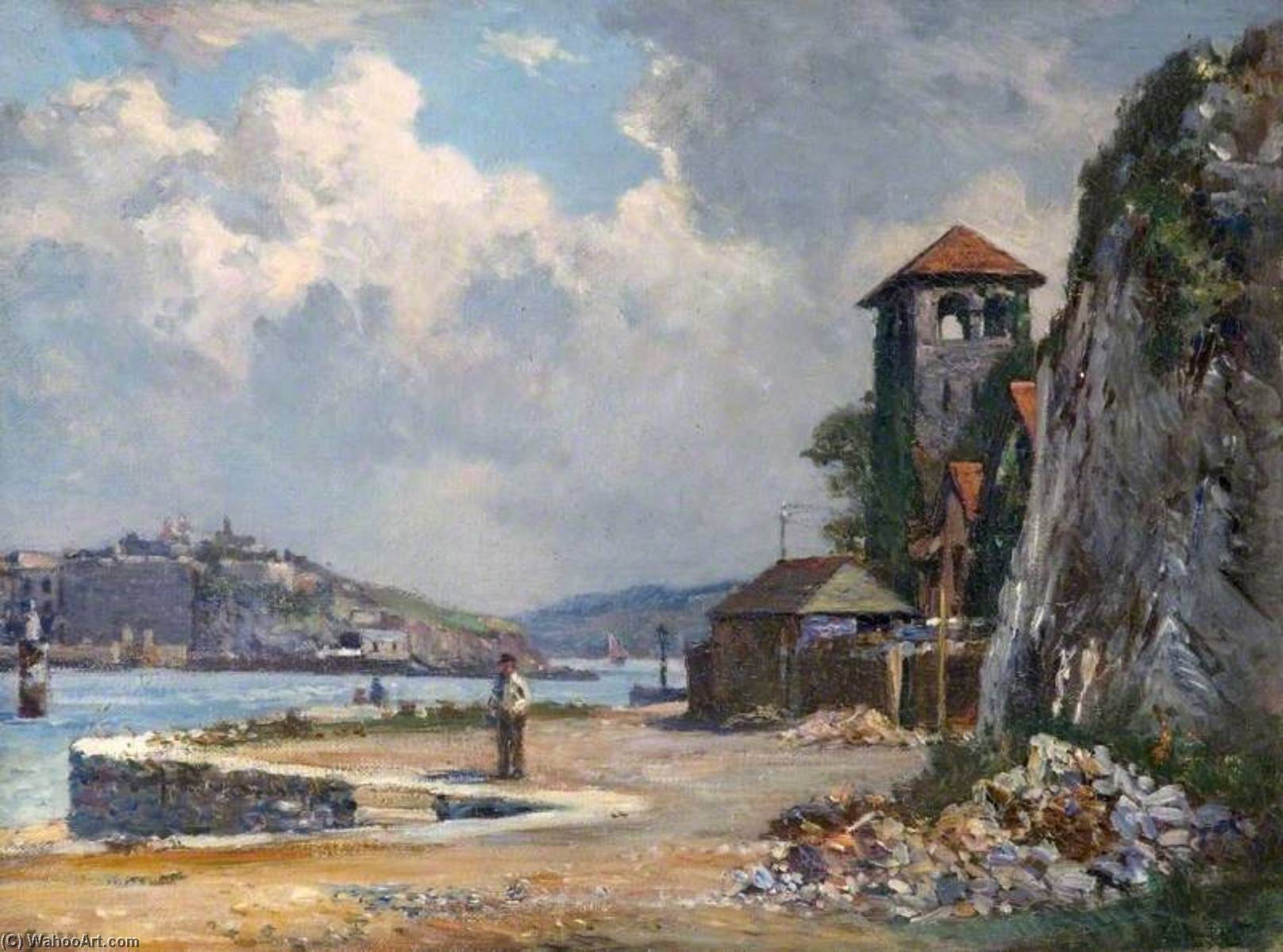 Oil Painting Replica Quayside with Boats by Bernard Finnigan Gribble ...