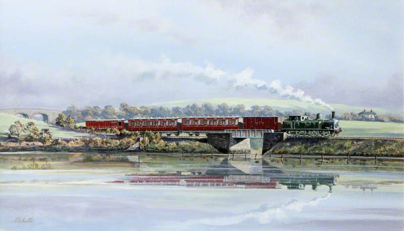 Train de voyageurs traversant un pont à Dundrum, 1992 de Norman Whitla ...