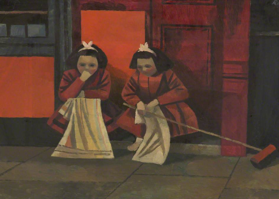 顺序 藝術再現 两个女孩在门前, 1937 通过 Cliff Rowe (灵感来自) (1904-1988) | ArtsDot.com