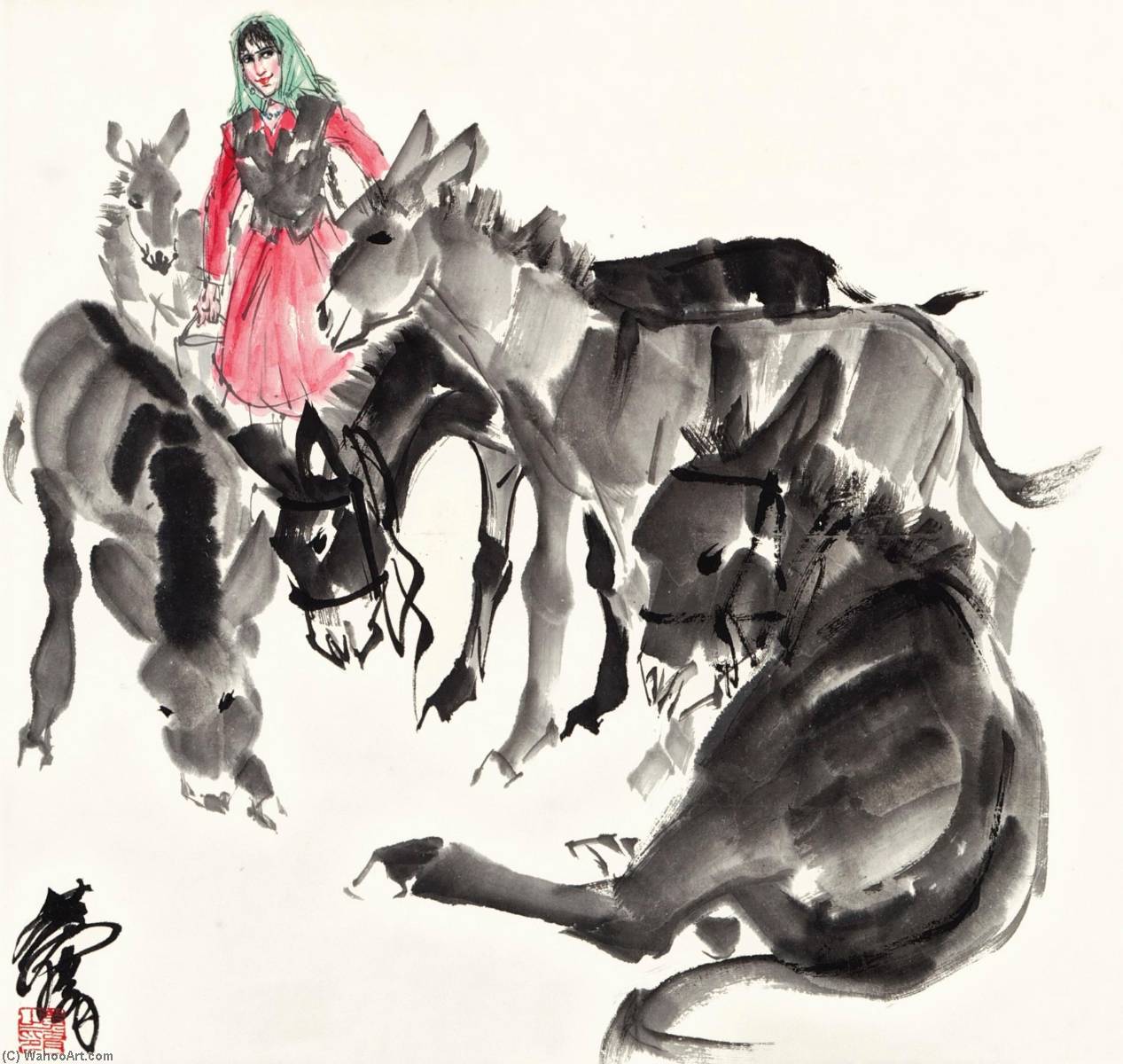 DONKEYS AND MAIDEN de Huang Zhou (1925-1997) Huang Zhou | ArtsDot.com