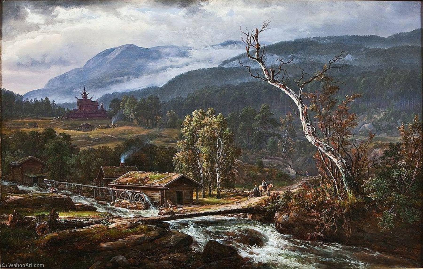 Get Art Reproductions Landscape at Kaupanger with Stave Church, 1847 by ...