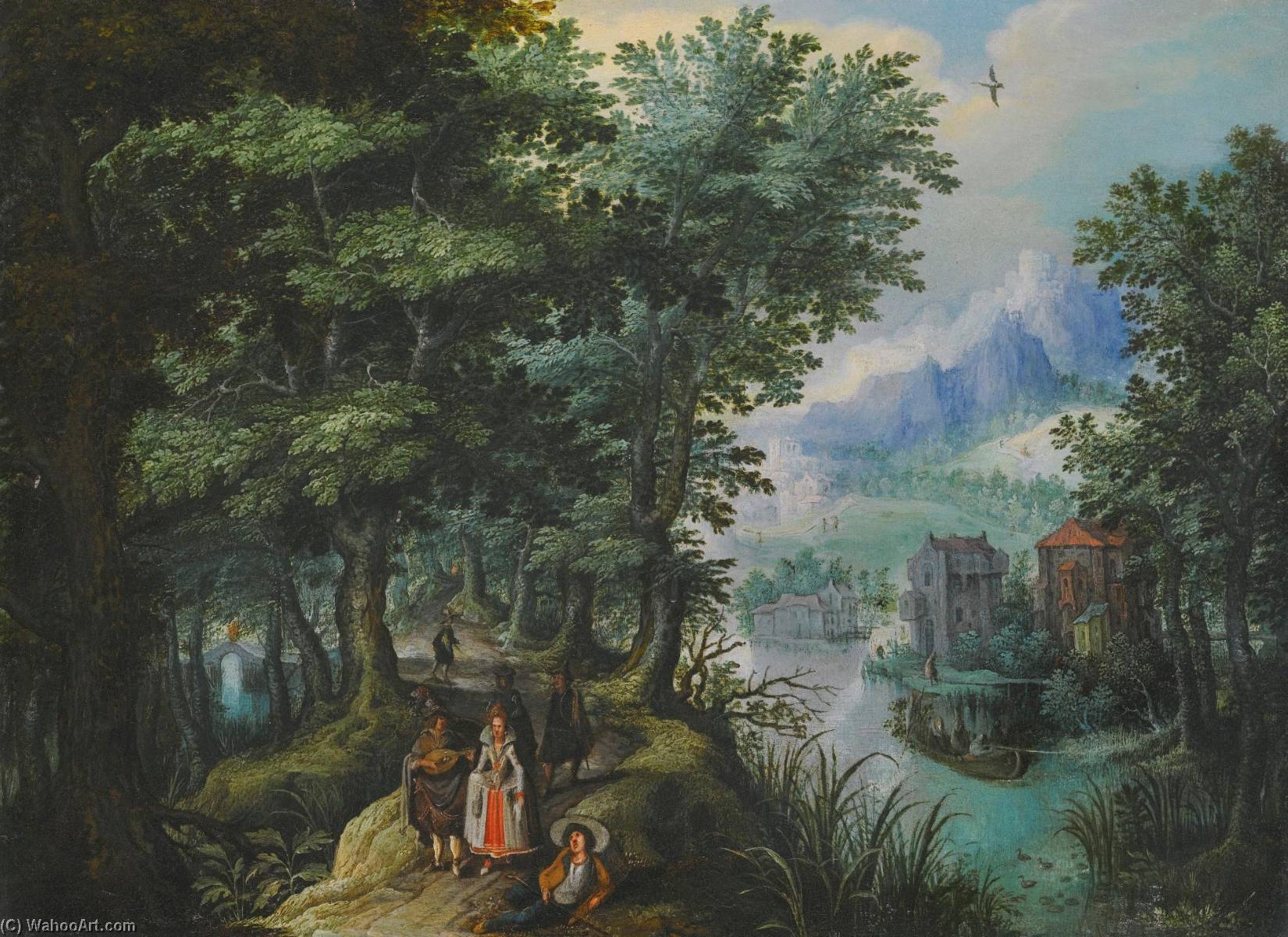 Museum Art Reproductions A river landscape with elegant figures on a ...