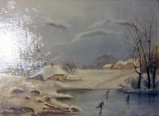 Art Reproductions Three Ice Skaters on Lake with Snow Covered Houses ...