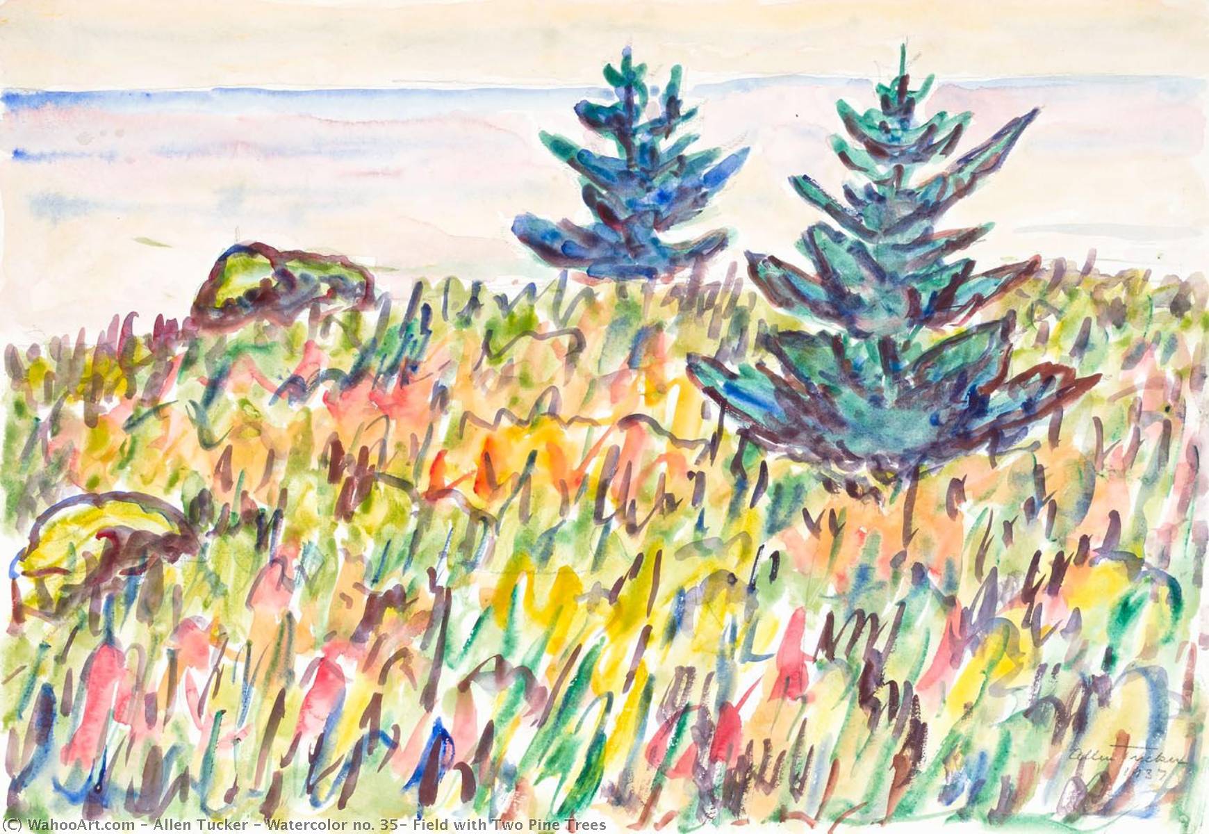 Get Paintings Reproductions Watercolor no. 35, Field with Two Pine ...